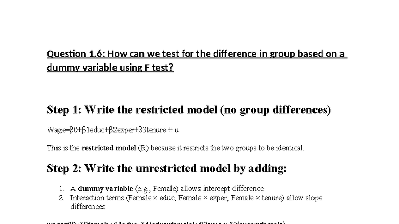 F Test and Chow Test for Group Differences: Notes 1.6 & 1 - Studocu
