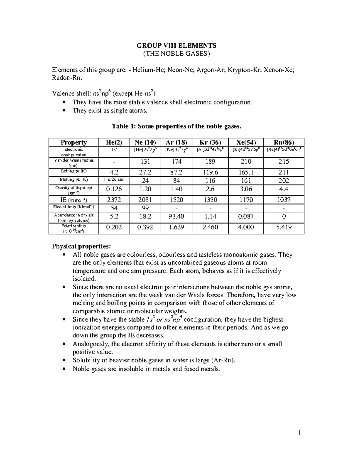 Noble Gases - Note - GROUP VIII ELEMENTS (THE NOBLE GASES) Elements of ...