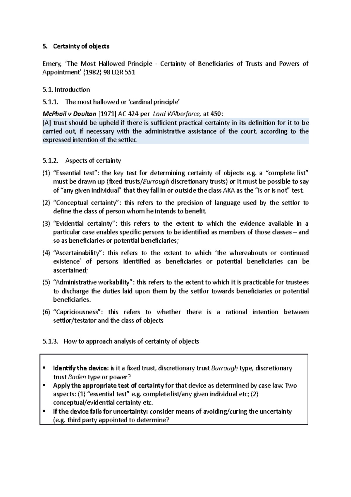 Certainty of Objects in Trusts: Analysis and Key Concepts - Studocu