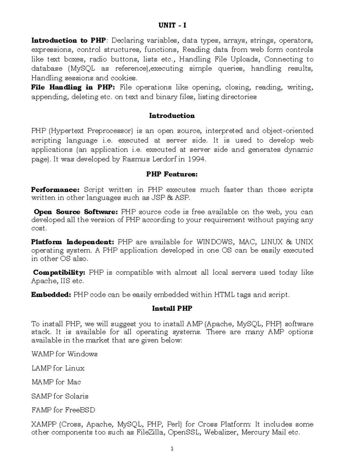 PHP UNIT-I: Introduction and Fundamentals of PHP Programming - Studocu