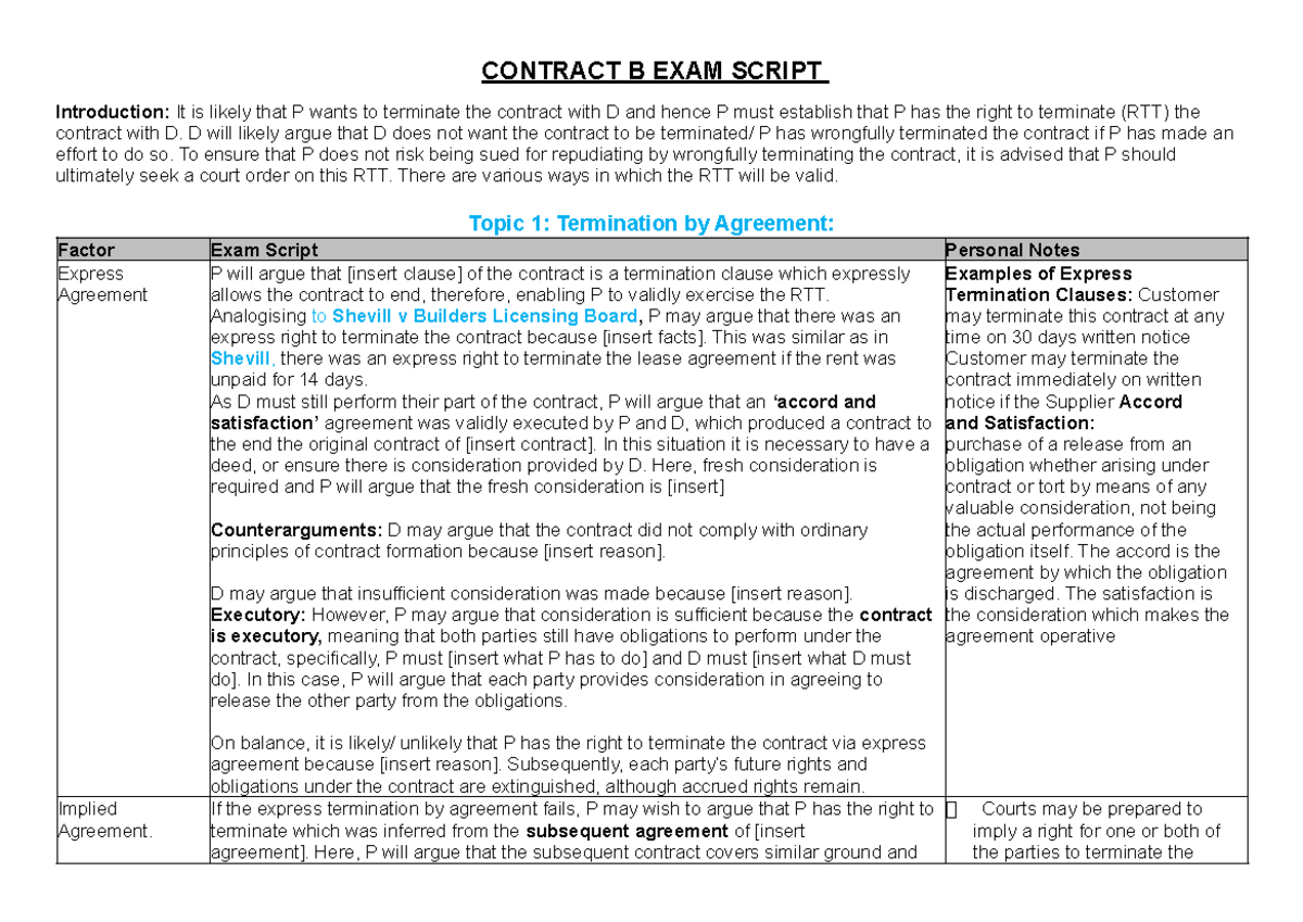 Contract B - HD Exam Script: Termination Rights and Damages Analysis - Studocu