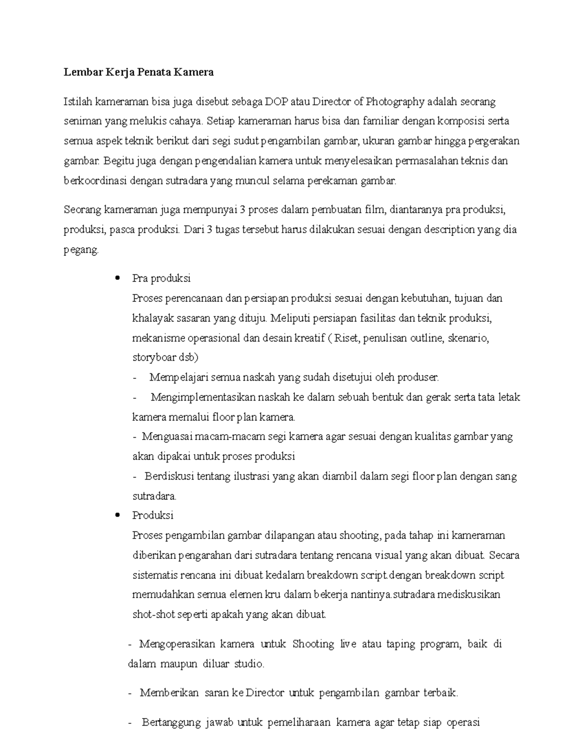 Lembar Kerja Penata Kamera untuk Produksi Film Dokumenter - Studocu