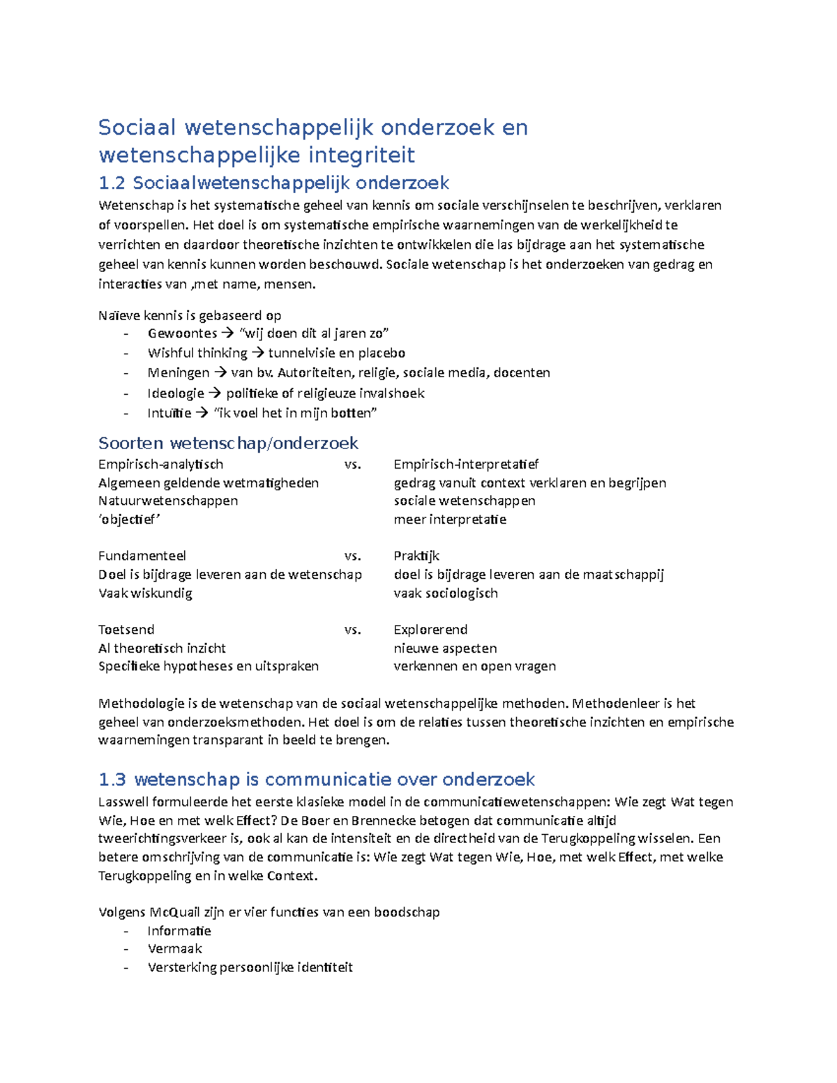 Inleiding Sociaal Wetenschappelijk Onderzoek H1: Integriteit en ...