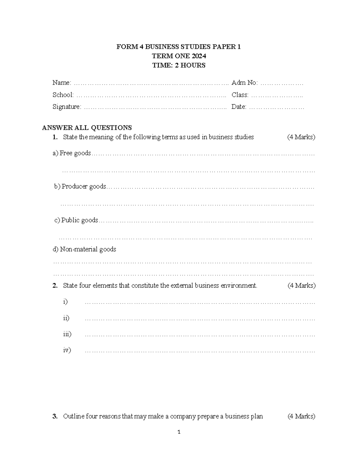 Form 4 Business Studies - Paper 1 - Term 1 Exam 2024 - Studocu