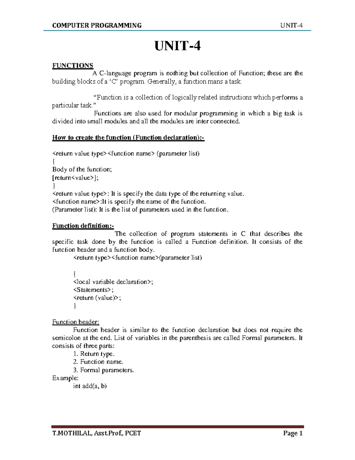 CP UNIT-4 - Functions and Parameter Passing in C Language - Studocu