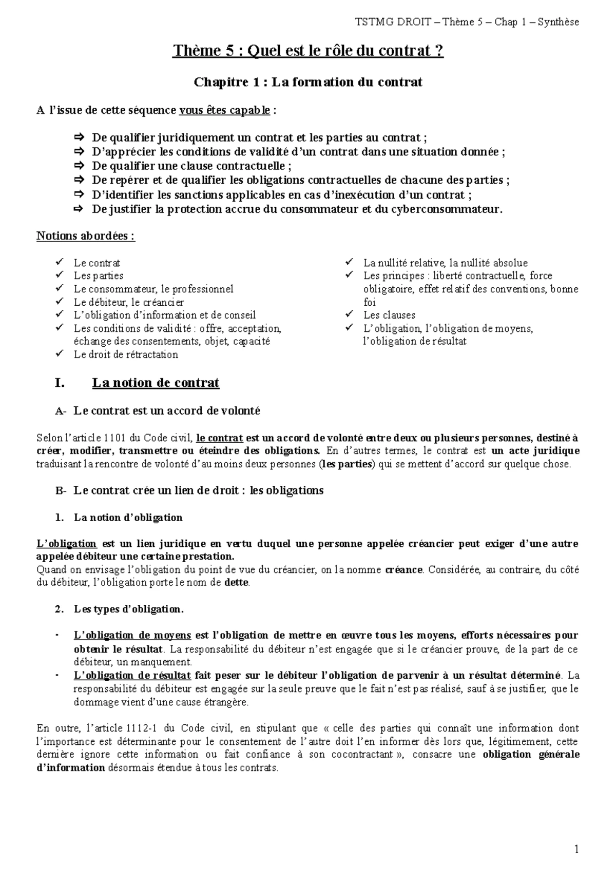 Droit - Chapitre 1 : Les Fondements de la Formation du Contrat - Studocu