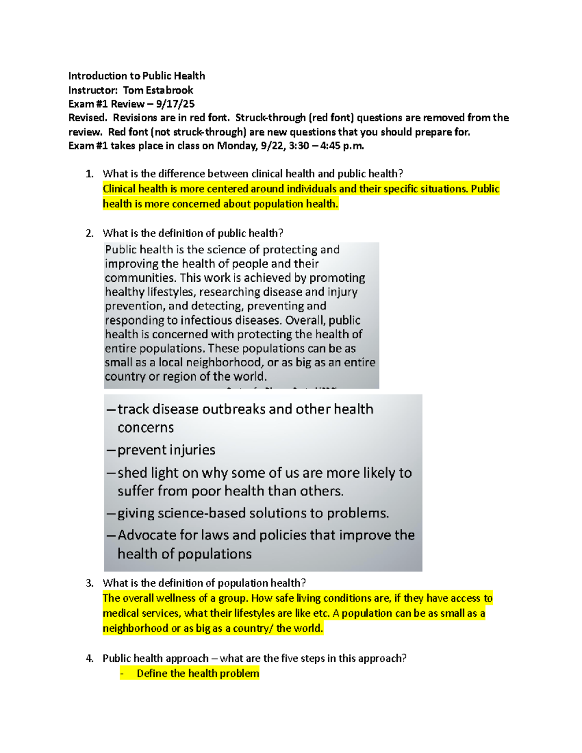 Introduction to Public Health PH 101 Exam #1 Review - Revised 9/17/25 ...