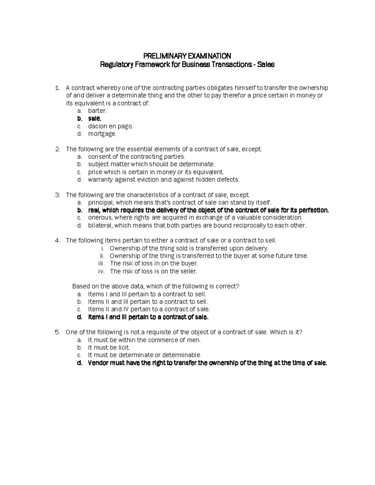 Rfbt Prelims Exam: Comprehensive Test Bank on Sales Contracts - Studocu