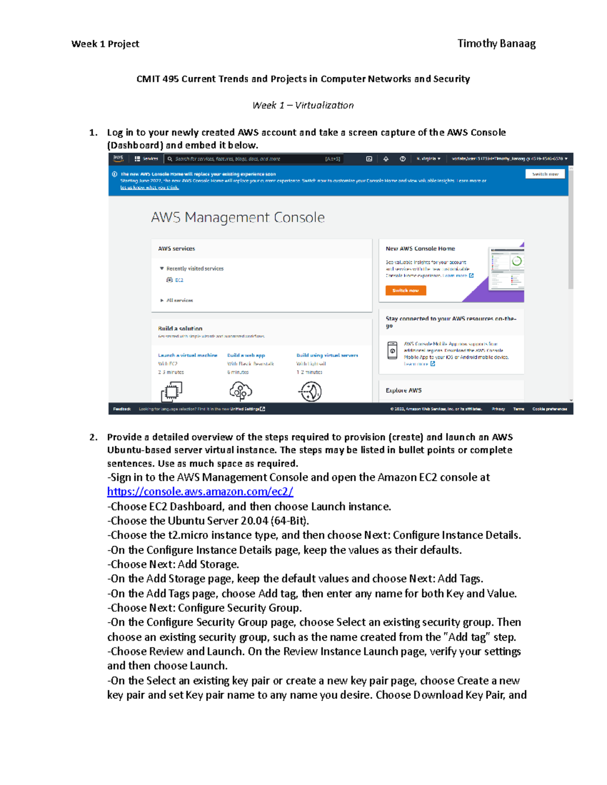 Project 1 Virtualization Assignment - CMIT 495 Current Trends and Projects in Computer Networks ...