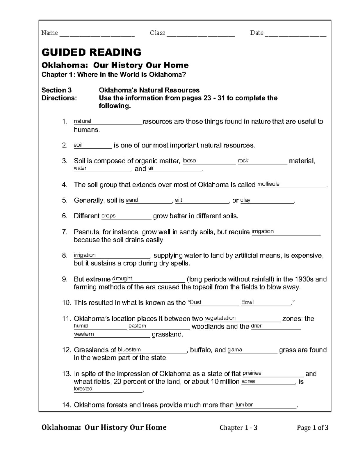 Oklahoma: Our History Our Home (OK-GR-CH1) Chapter 1 Guided Reading ...