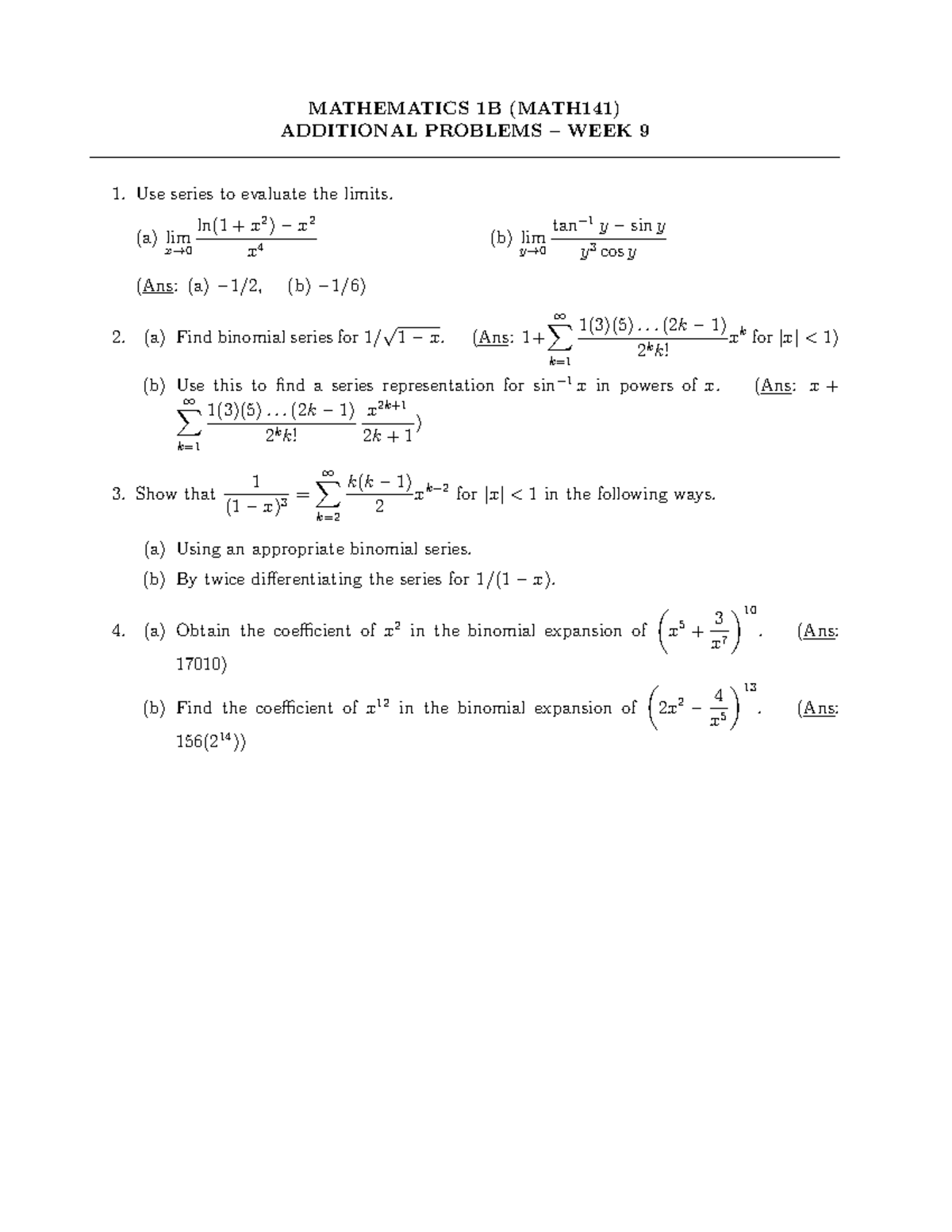 MATHEMATICS 1B (MATH141) WEEK 9 TUTORIAL ADDITIONAL PROBLEMS - Studocu