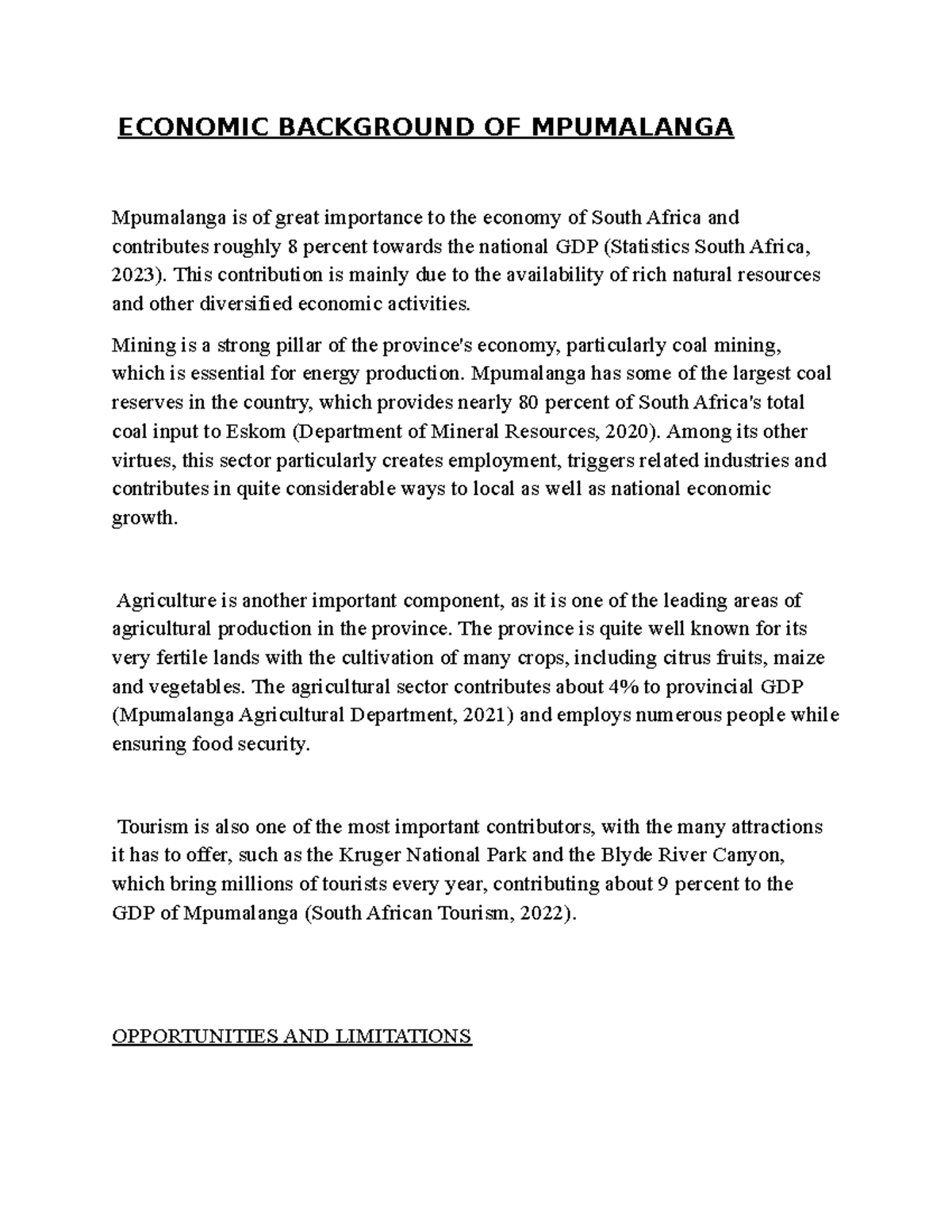 ECON 101: Economic Overview and Challenges of Mpumalanga - Studocu