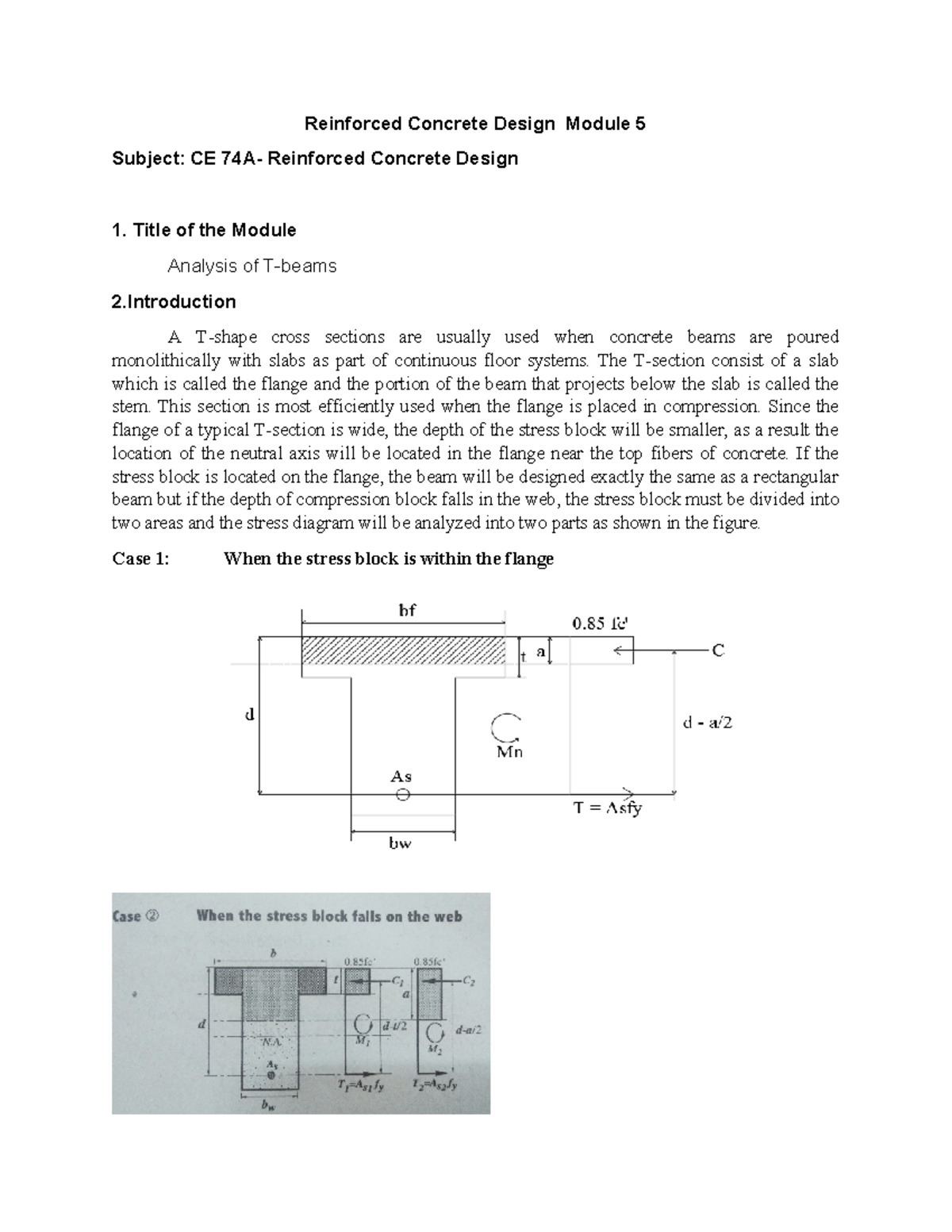 CE 74A - Reinforced Concrete Design: Analysis of T-beams (Module 5 ...