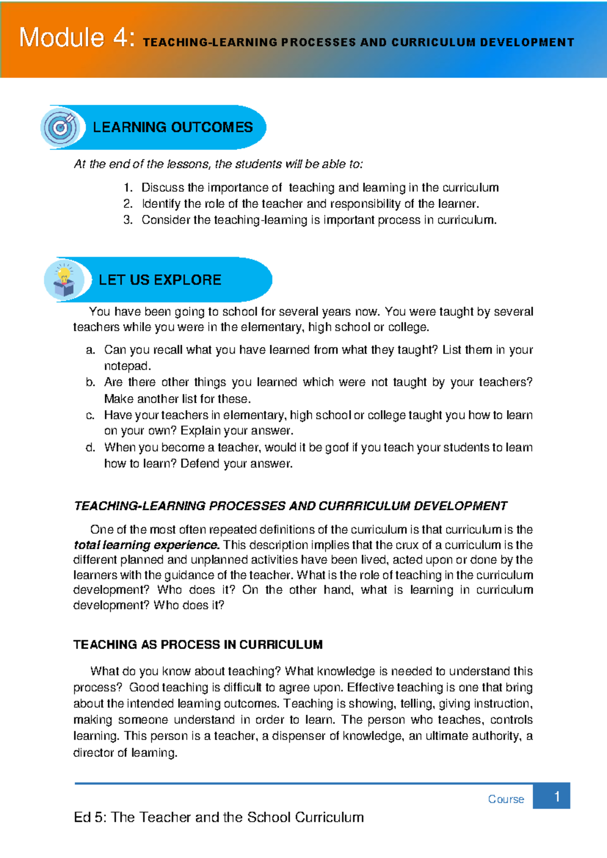 Module 4 ED 5 - Course 1 At the end of the lessons, the students will ...