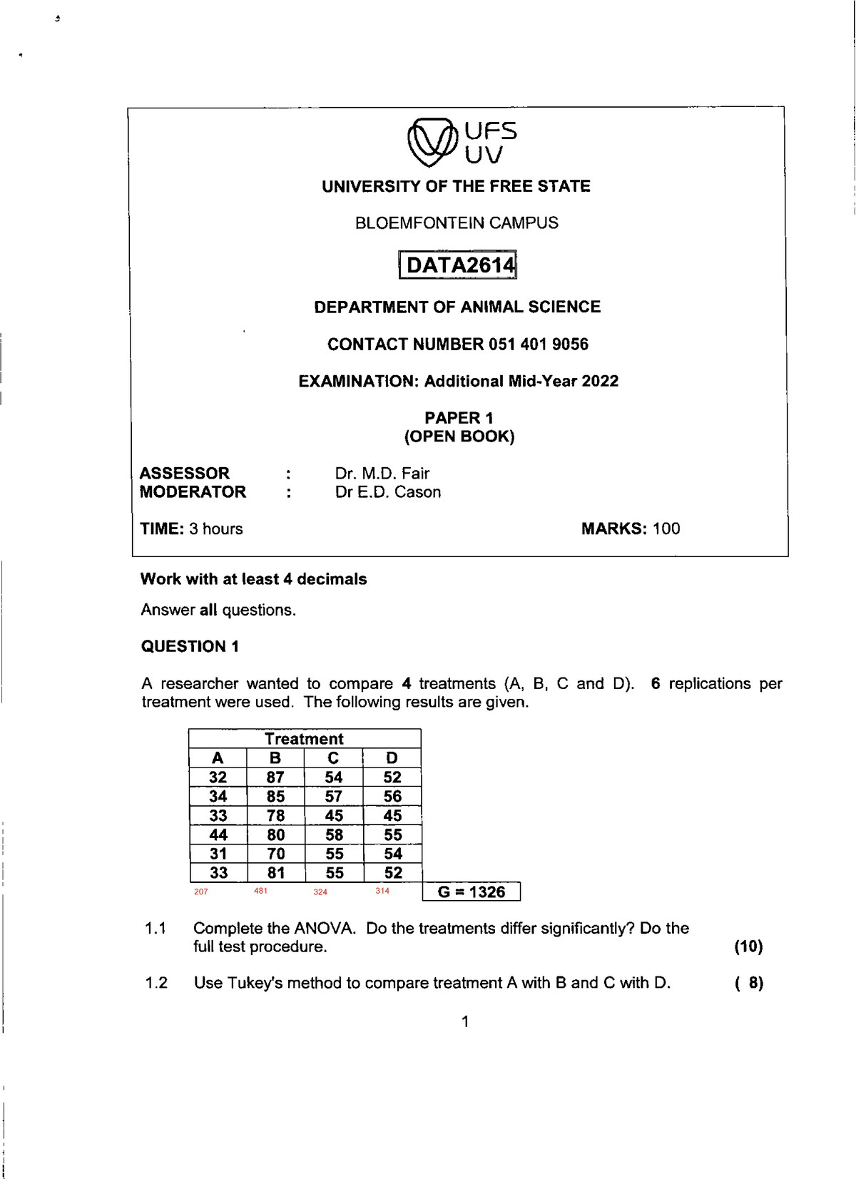 UFS DATA2614 Animal Science Exam Paper 1 (Open Book) 2022 - Studocu