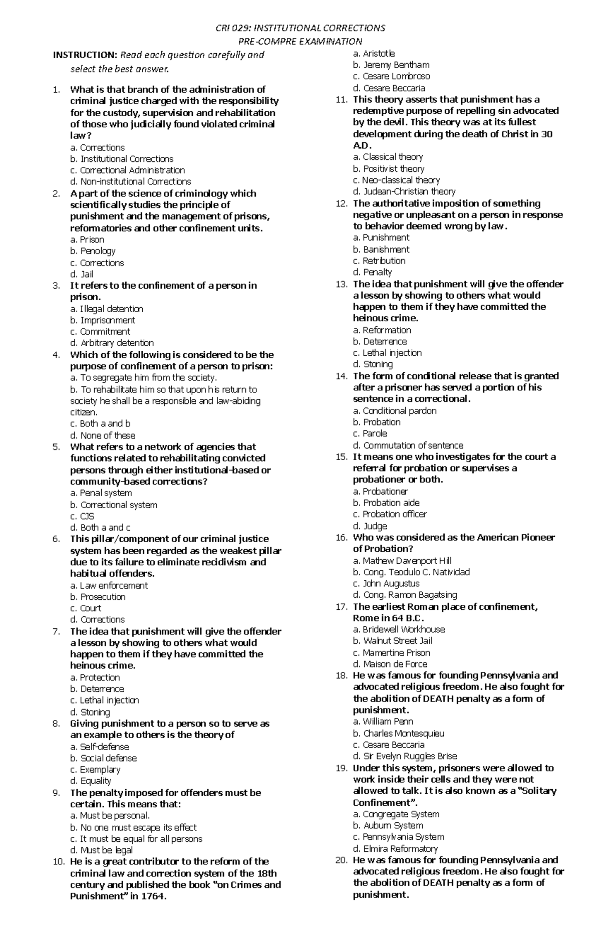 CRI 029: INSTITUTIONAL CORRECTIONS FINAL EXAMINATION Guide - Studocu