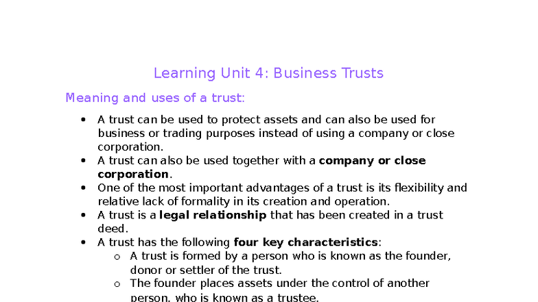 Learning Unit 4: Business Trusts - Key Concepts and Characteristics ...