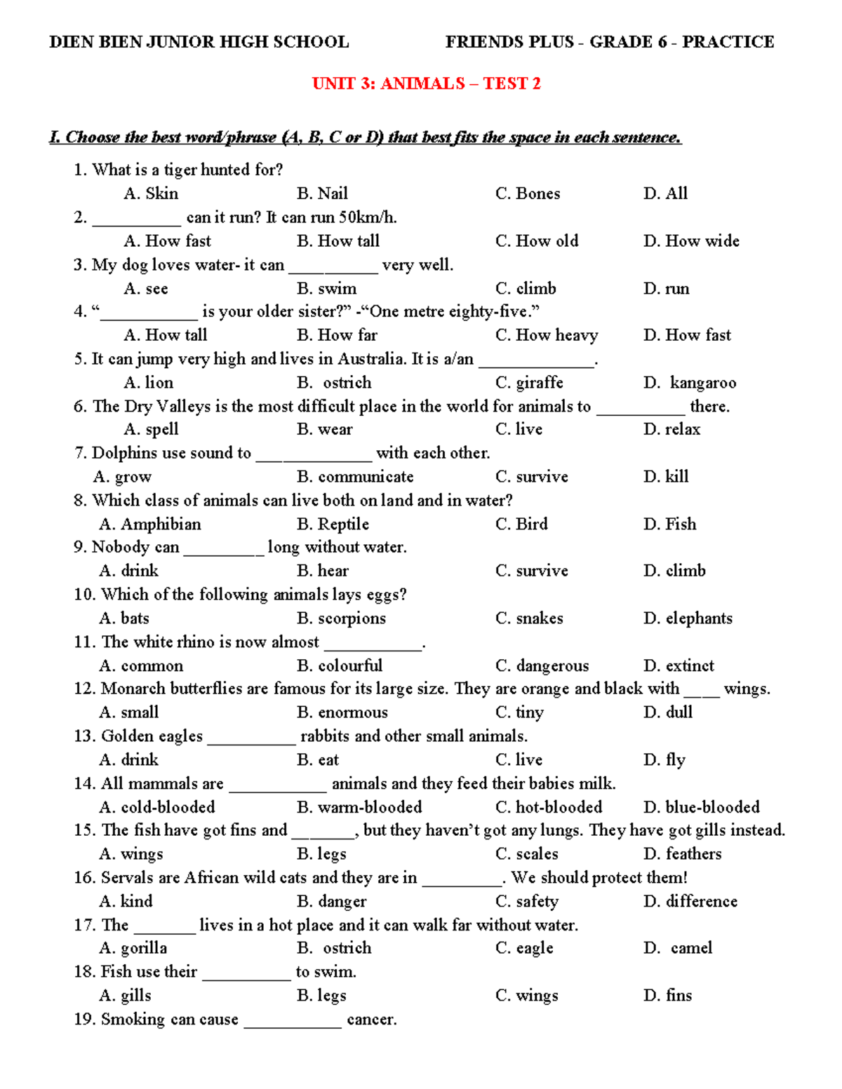 DB-FP- Grade 6 Practice Test Unit 3: Animals - Test 2 - Studocu
