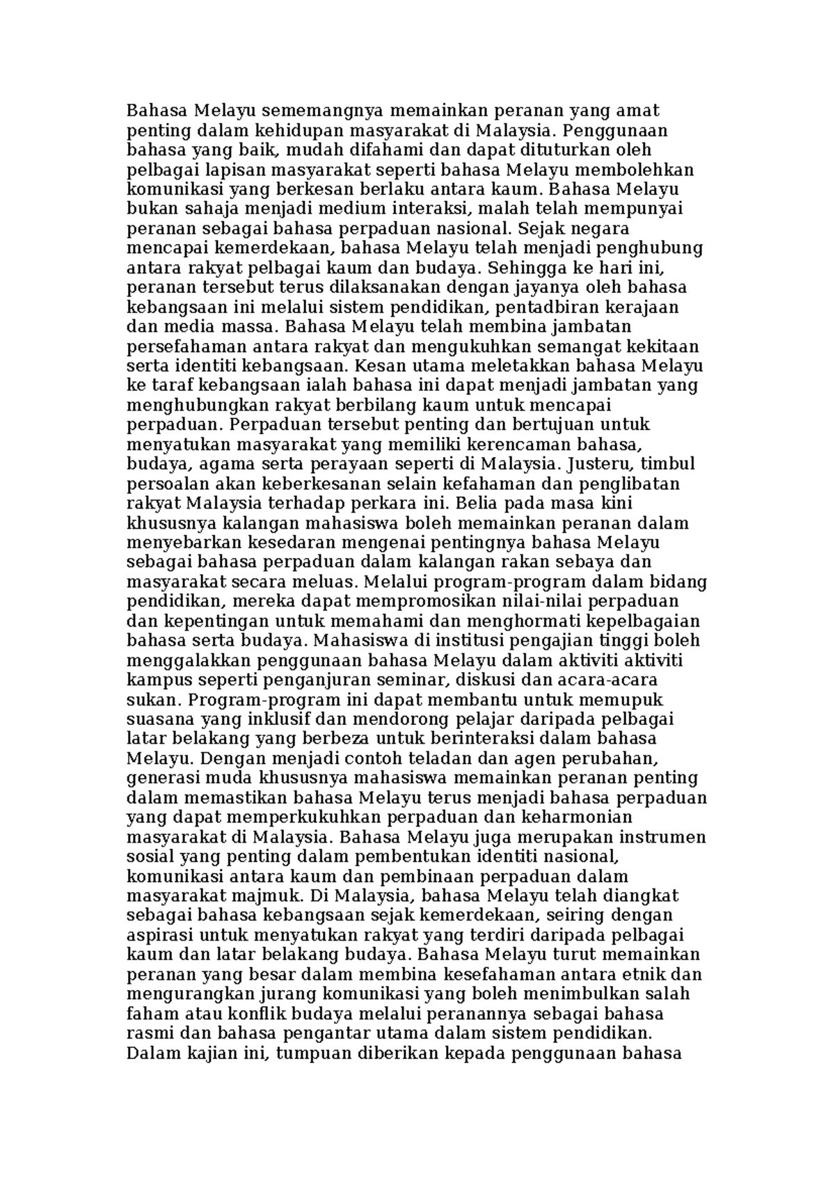 Peranan Bahasa Melayu dalam Perpaduan Masyarakat Malaysia: Kajian Kes ...