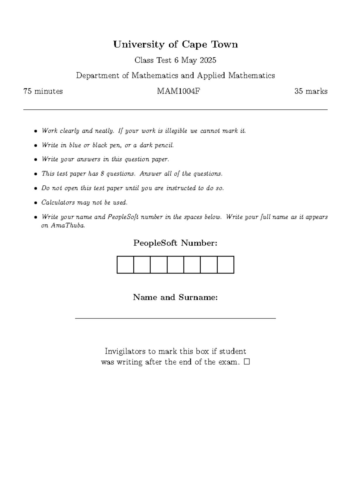 MAM1004F Class Test - Mathematics - 6 May 2025 - Studocu