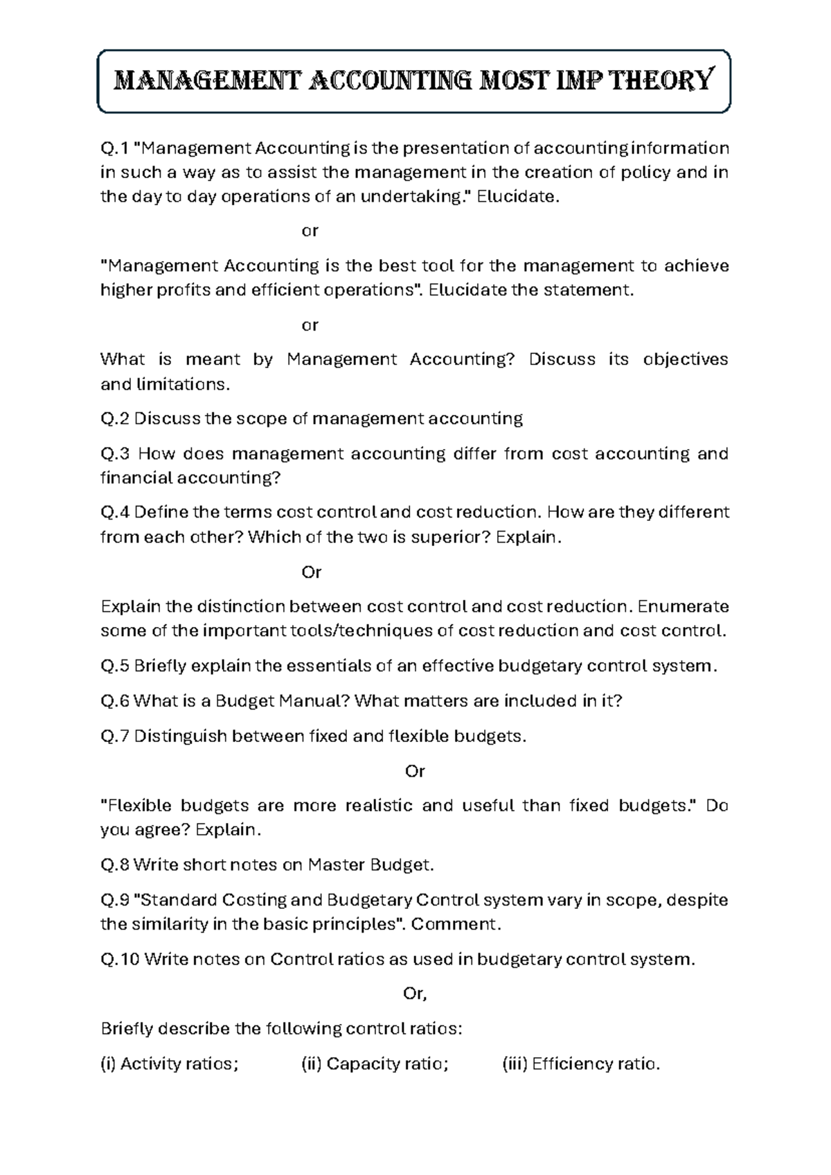 MANAGEMENT ACCOUNTING: MOST IMPORTANT THEORIES & CONCEPTS - Studocu
