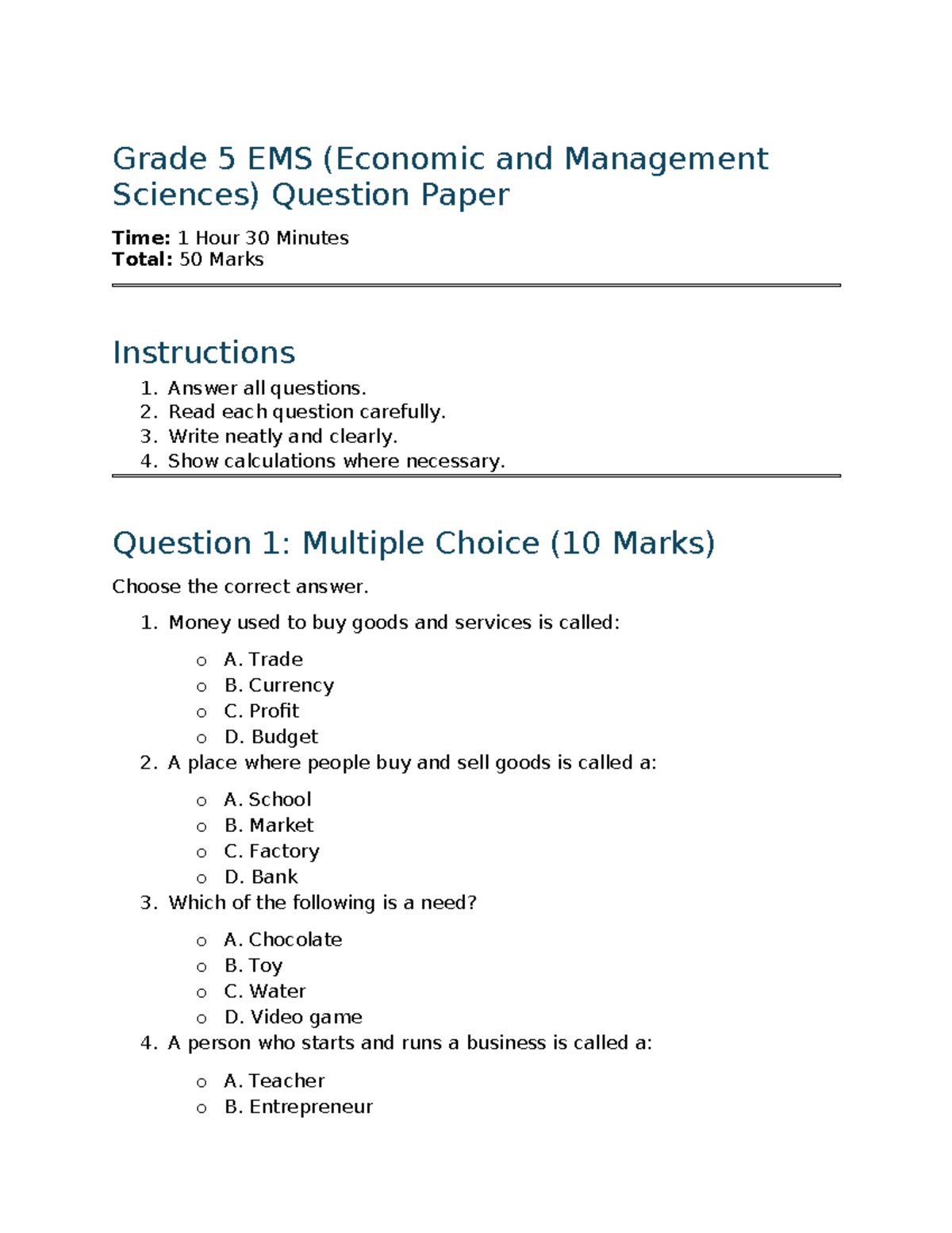 Grade 5 EMS Question Paper: Economic Concepts & Business Basics - Studocu