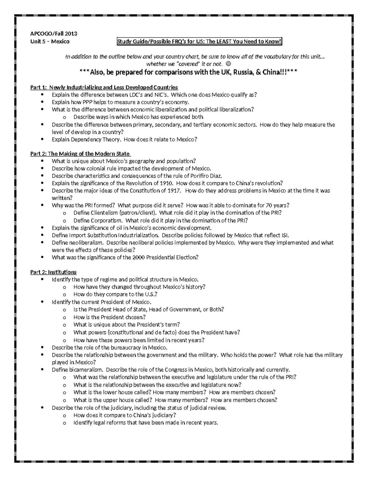 Study guide and possible frqs for u5 mexico 1 - APCOGO/Fall 2013 Unit 5 ...