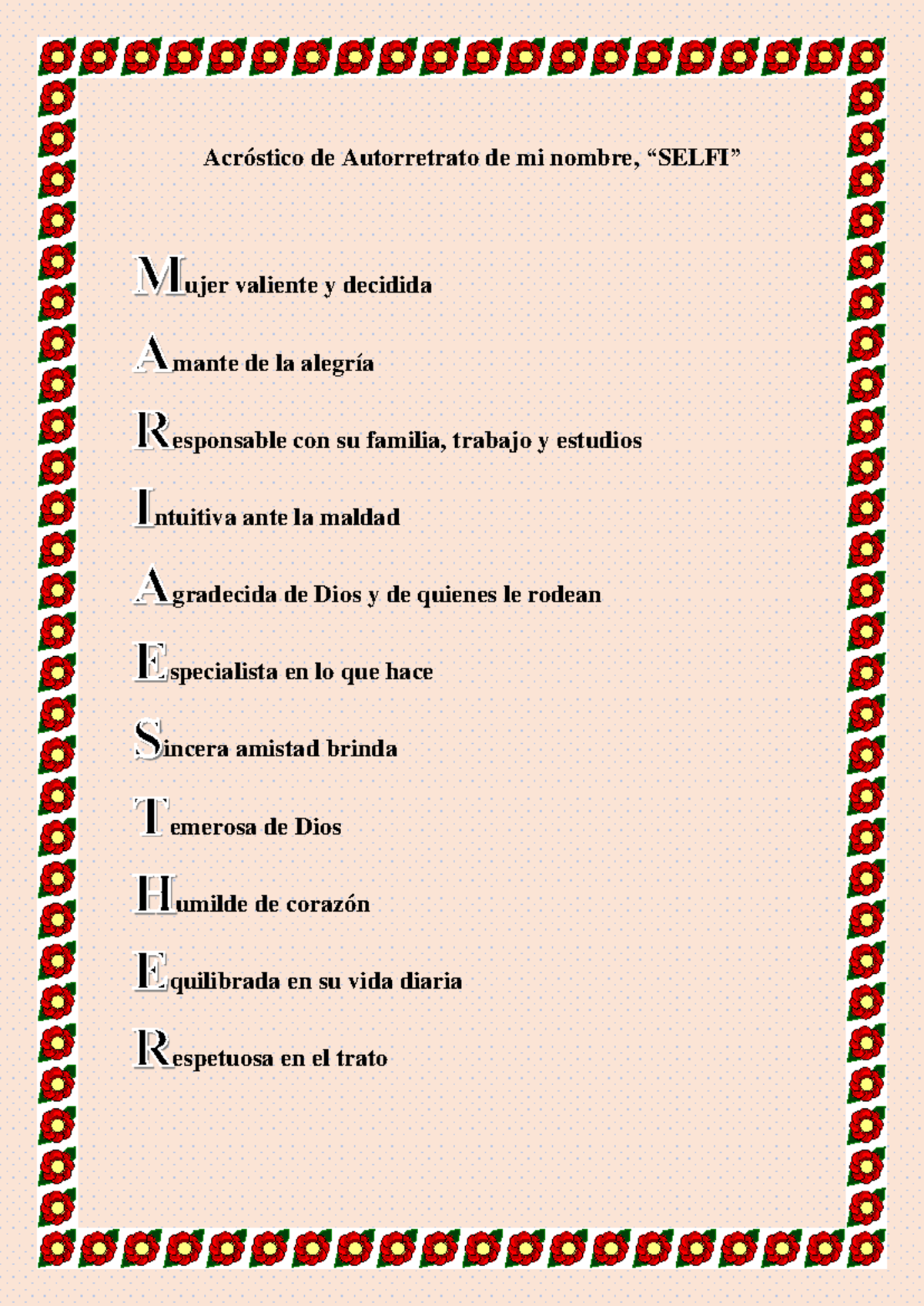 Acróstico de mi nombre - Lengua Española - Acróstico de Autorretrato de ...