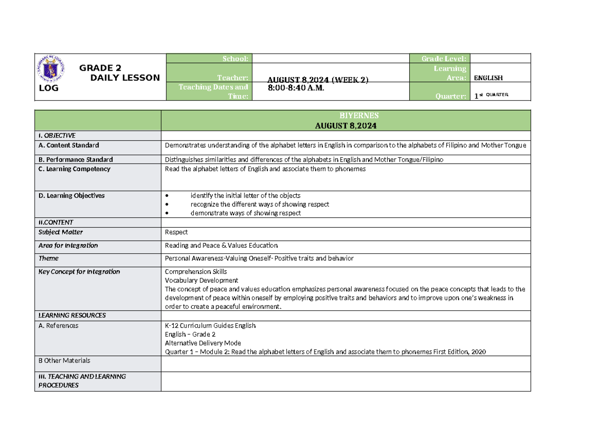 Cufq1w2 - CUF - GRADE 2 DAILY LESSON LOG School: Grade Level: Teacher ...