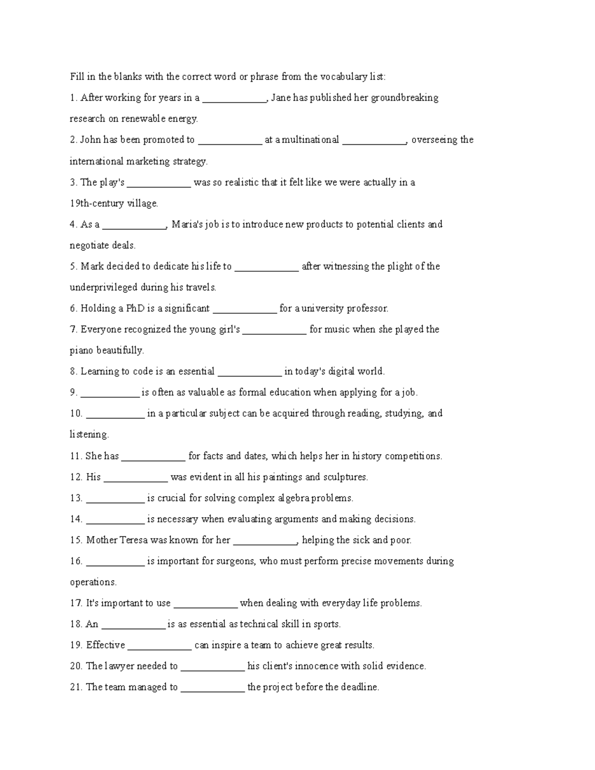 Vocabulary Fill-in-the-Blanks Exercise: Language Skills Quiz - Studocu