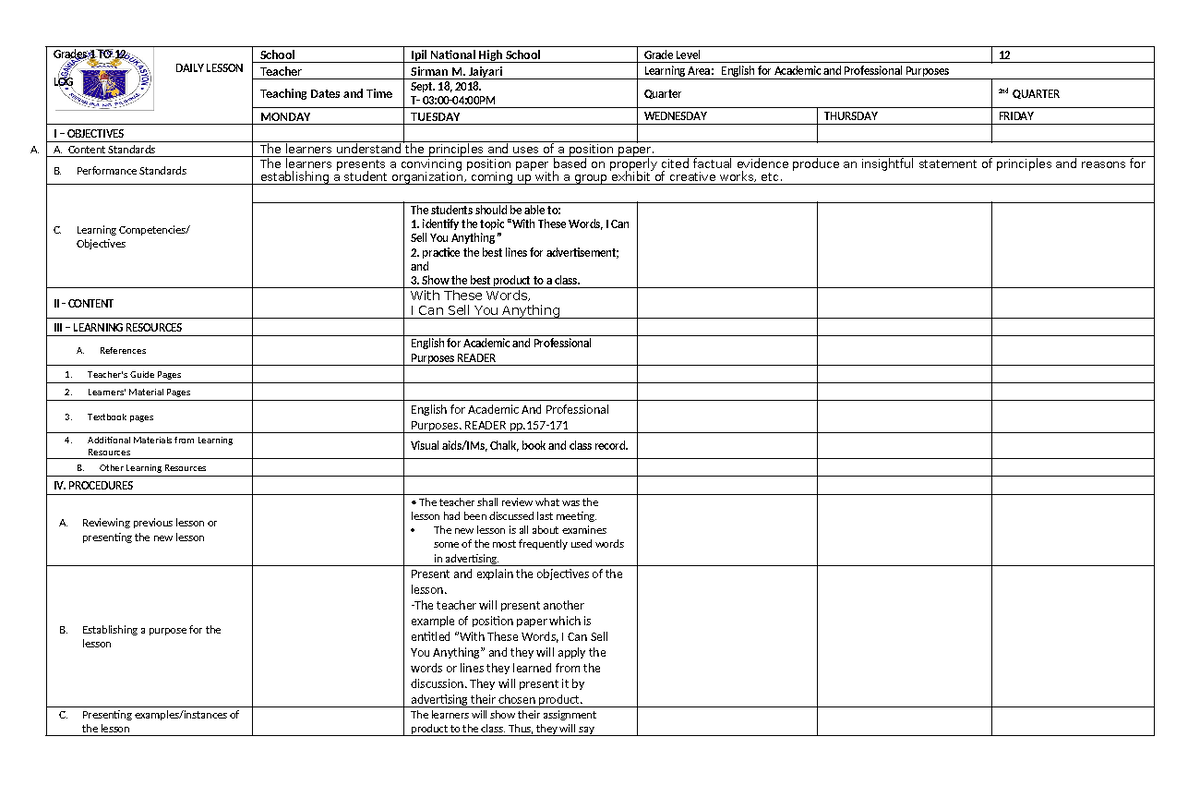 DLL English 12 Lesson Plan: "These Words, I Can Sell You Anything ...