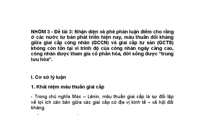 NHÓM 3 Đề tài 3: Phê phán mâu thuẫn giai cấp trong CNTB hiện nay - Studocu