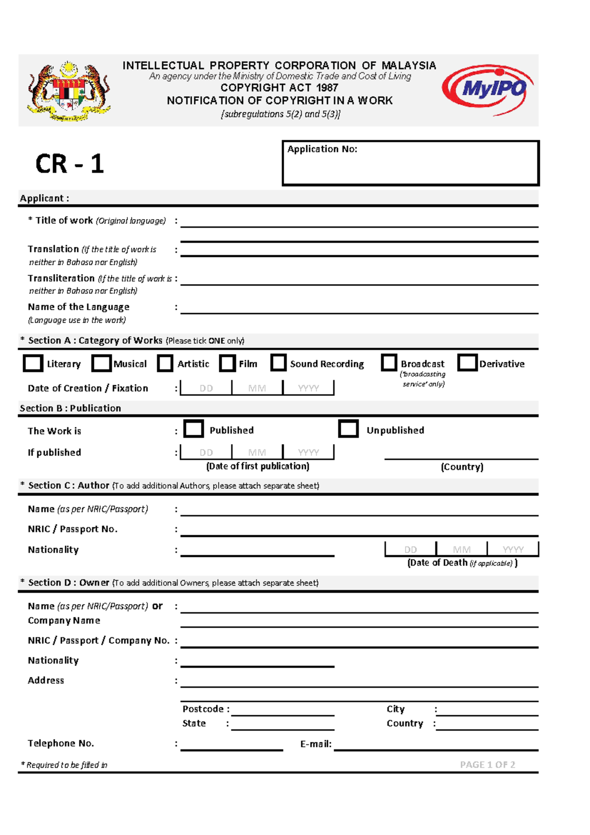 CR-1-BI Copyright Registration Form for Works in Malaysia - Studocu