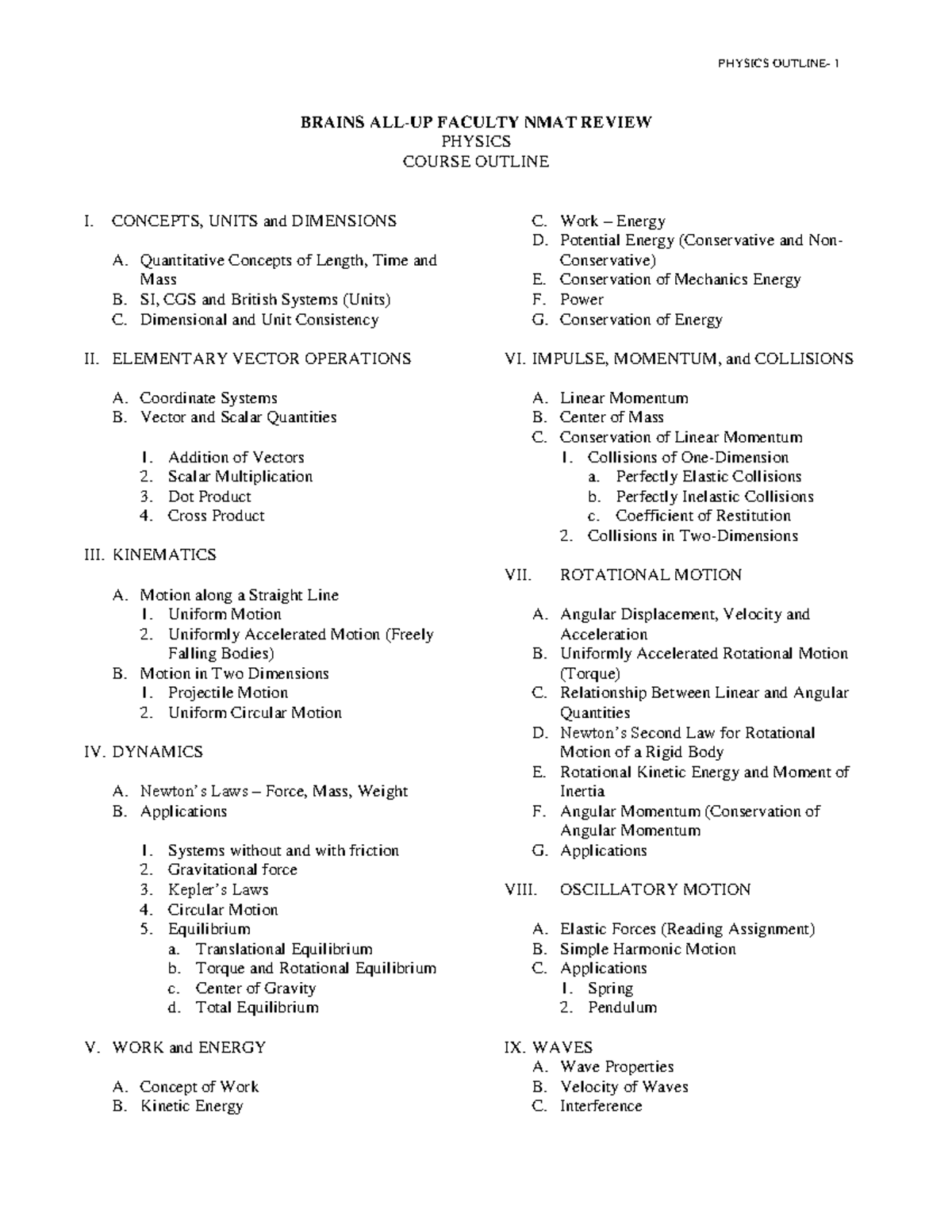 NMAT- Physics Course Outline for Review and Study - Studocu