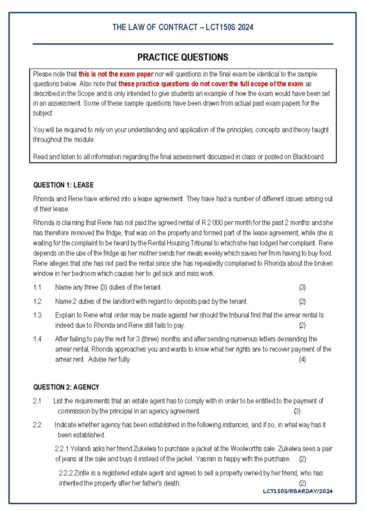 Practice Questions for The Law of Contract - LCT150S 2024 - Studocu