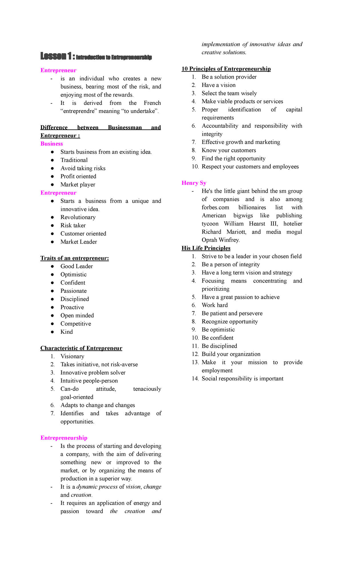 Entrep 101: Lessons 1-6 on Entrepreneurship Fundamentals - Studocu