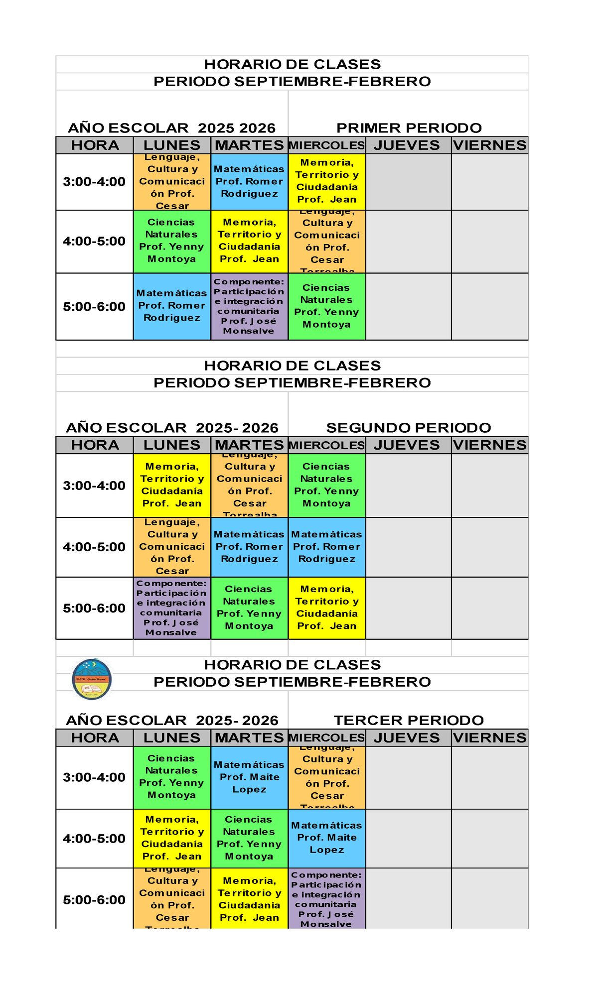 HORARIO DE CLASES 2025-2026: PERIODO SEPTIEMBRE-FEBRERO - Studocu