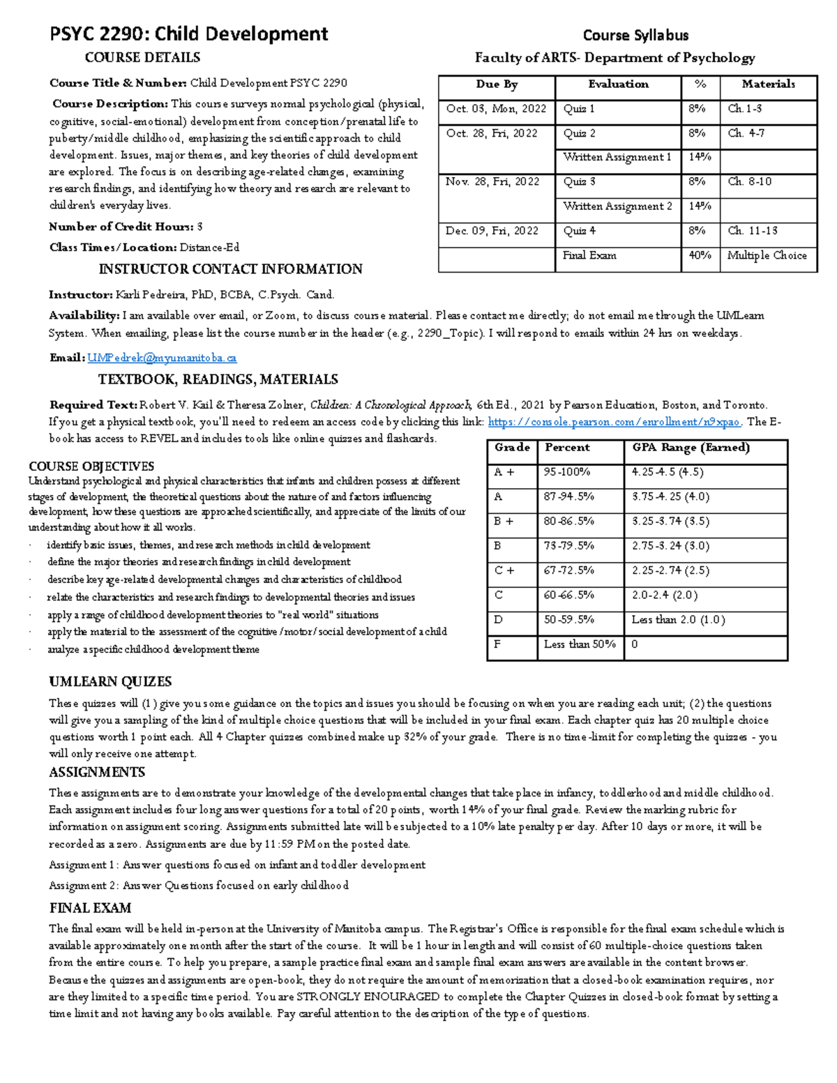 PSYC 2290: Comprehensive Child Development Course Syllabus - Studocu