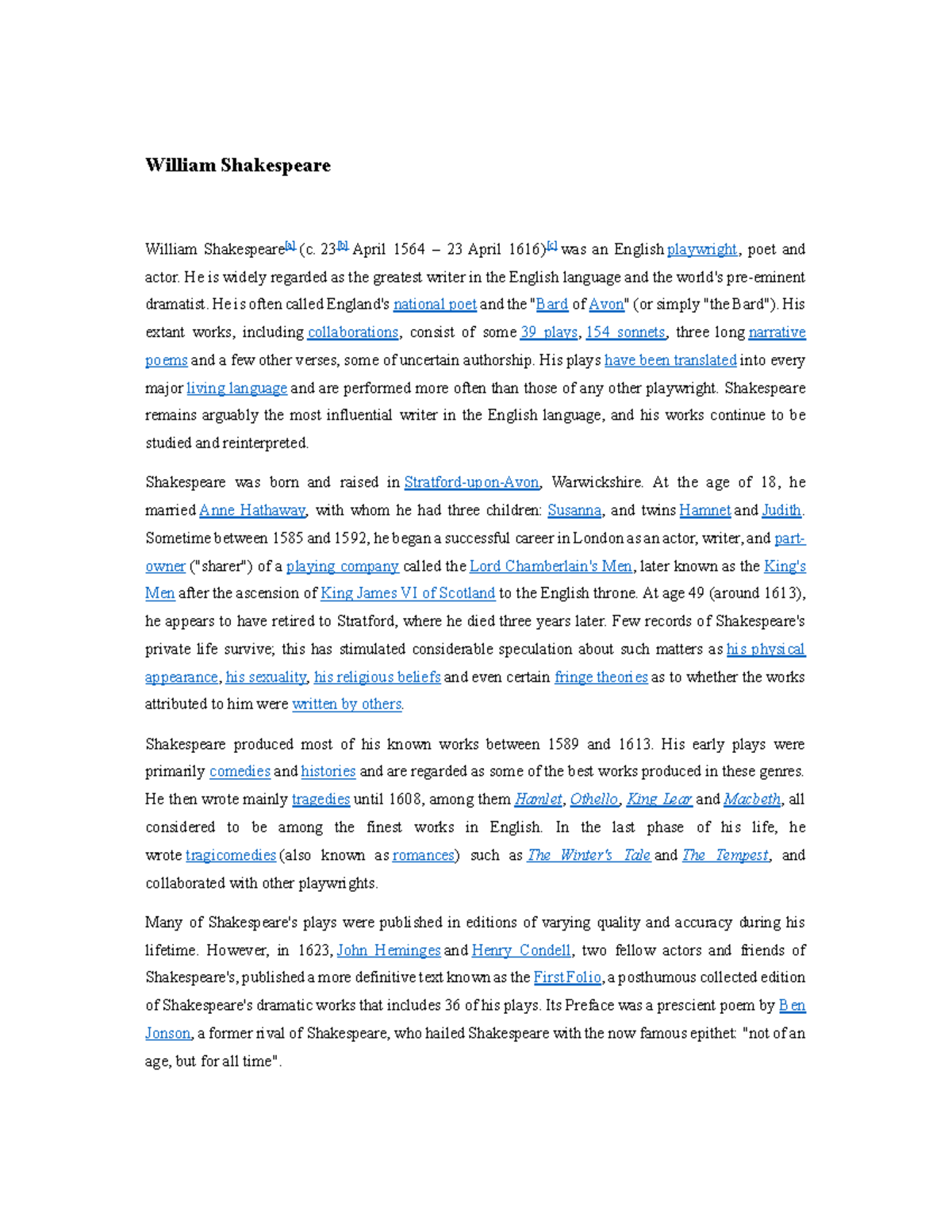 William Shakespeare: A Comprehensive Internal Assessment - Studocu