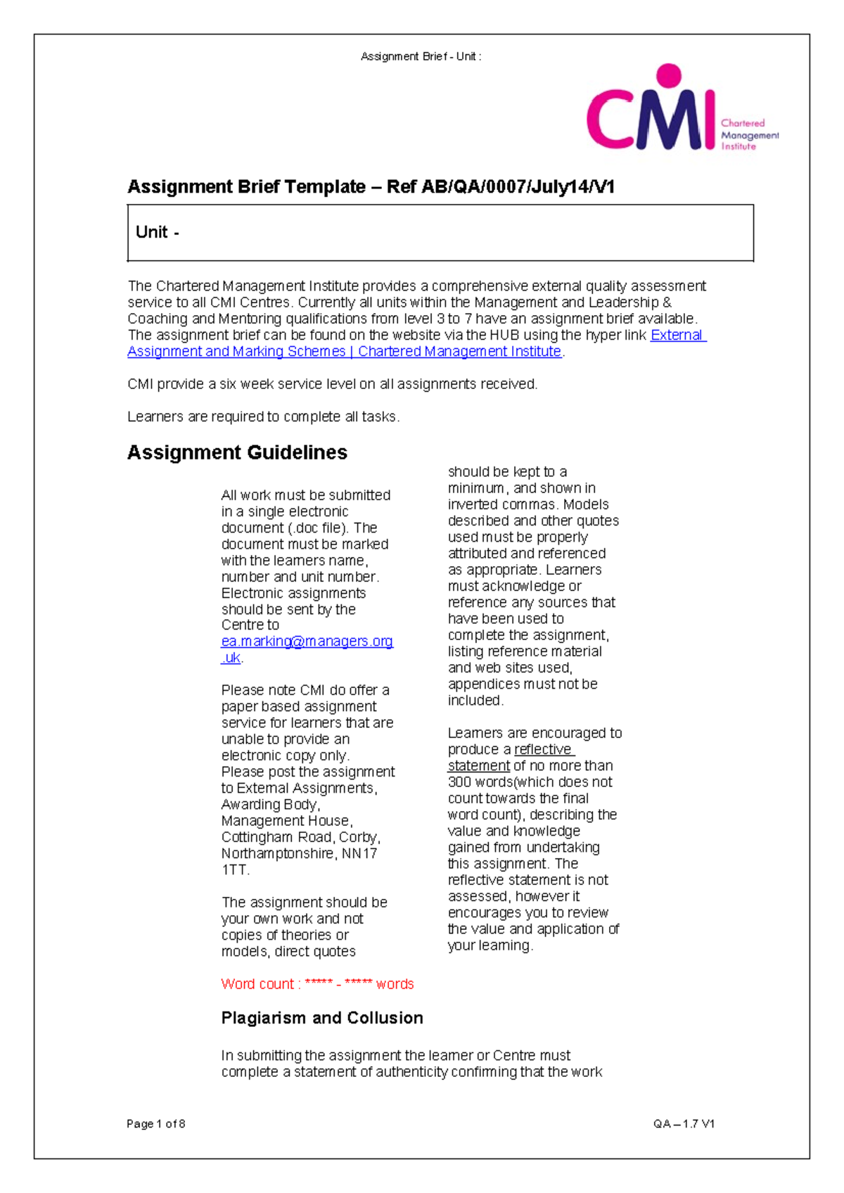 CMI QA 1-7 Assignment Brief Template – Comprehensive Guidelines - Studocu
