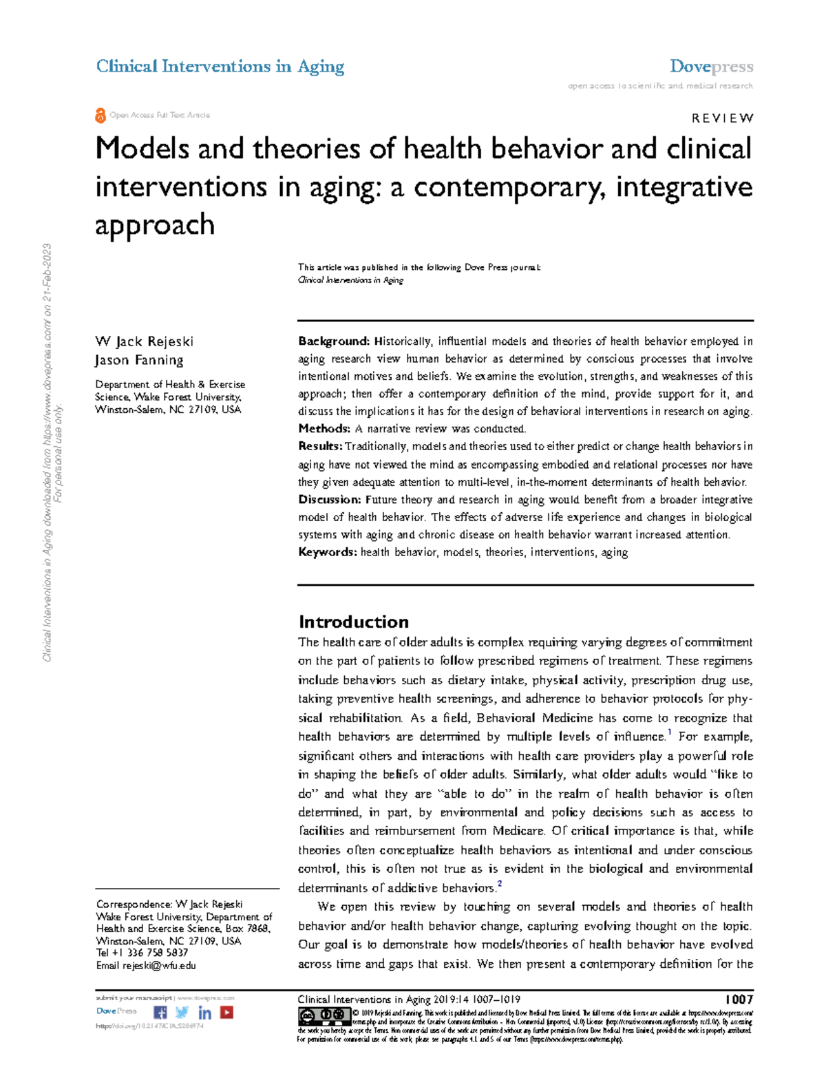 Models and Theories of Health Behavior in Aging Interventions: A Review ...
