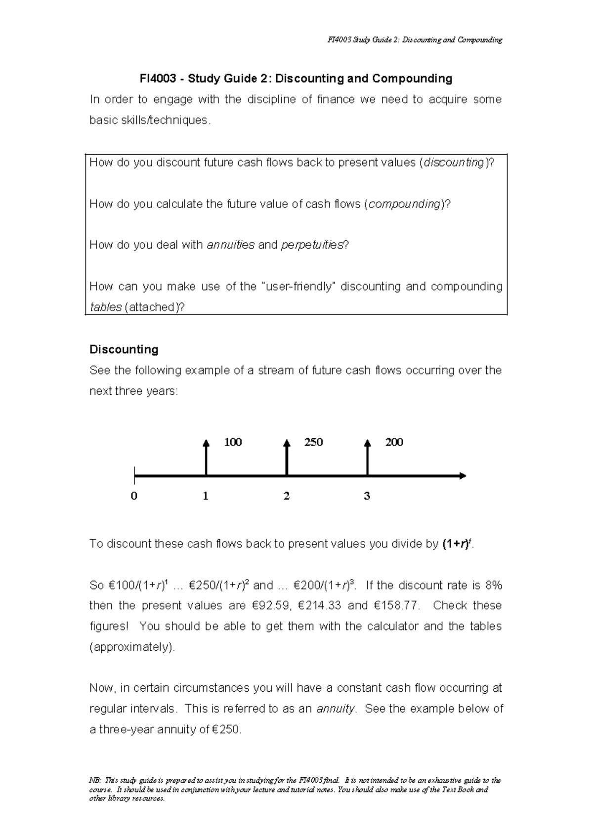 Study Guide 2 - Summary Finance - 0 1 2 3 100 250 200 FI4003 - Study ...