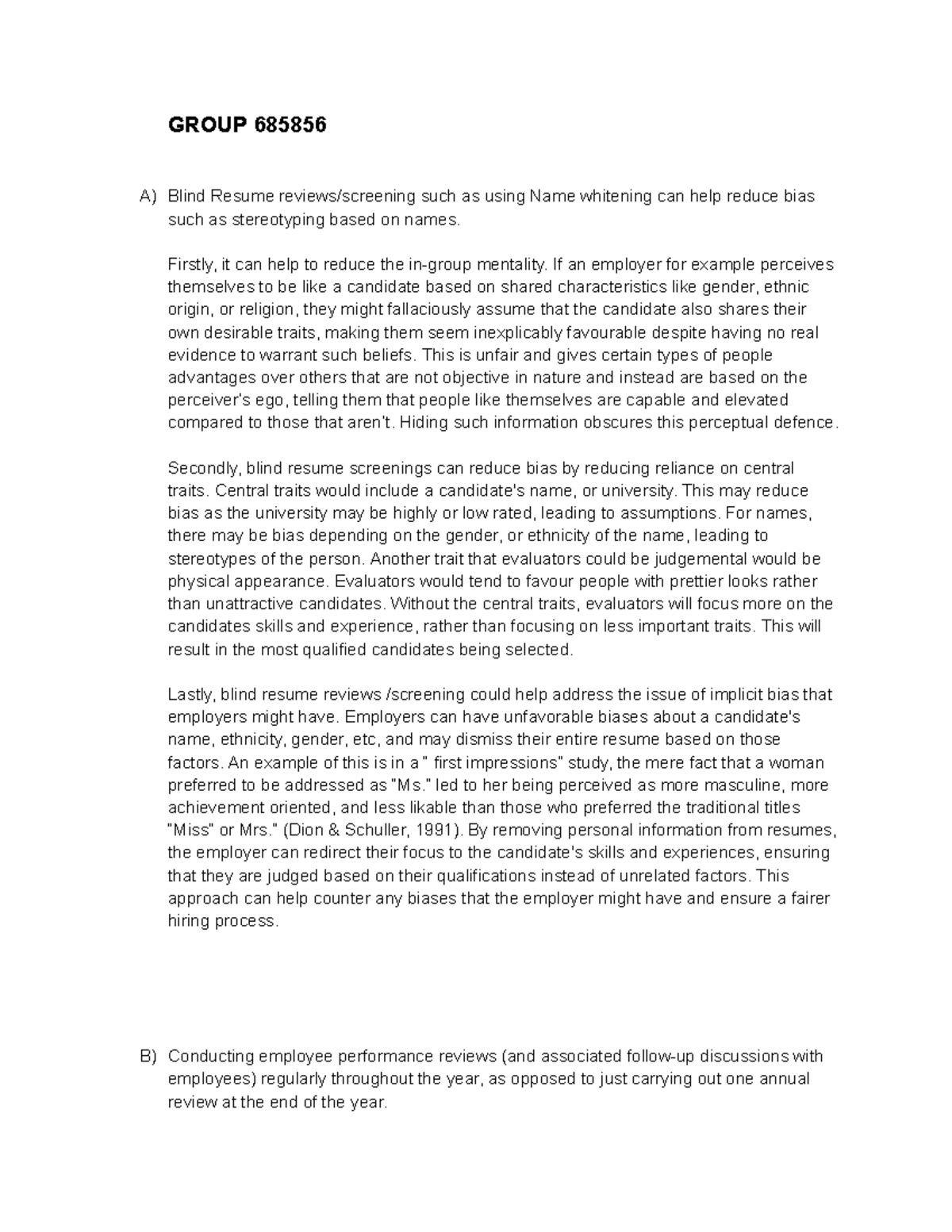 Psychological blind resumes bias - GROUP 685856 A) Blind Resume reviews ...