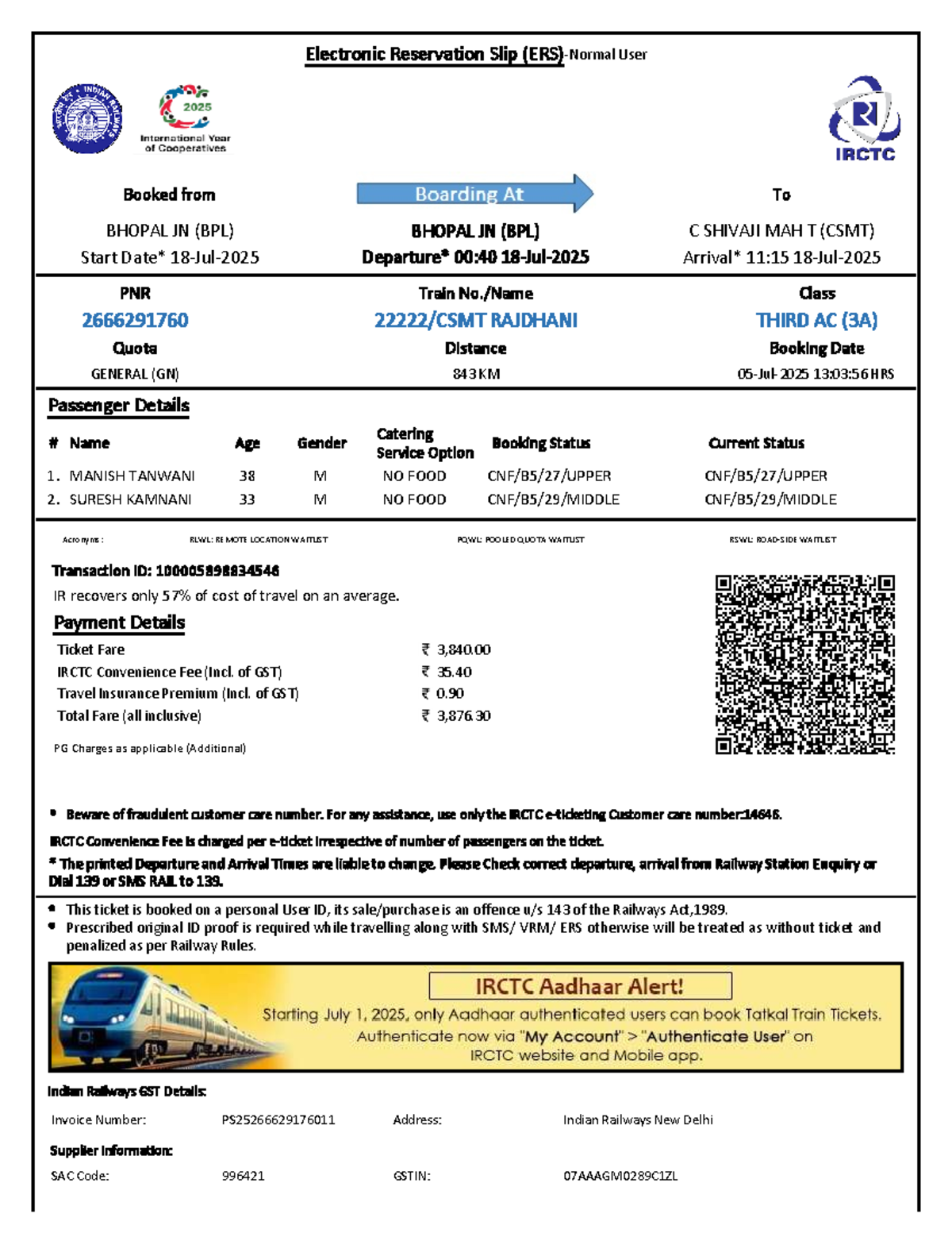Electronic Reservation Slip for Train BPL to CSMT - PNR 2666291760 ...