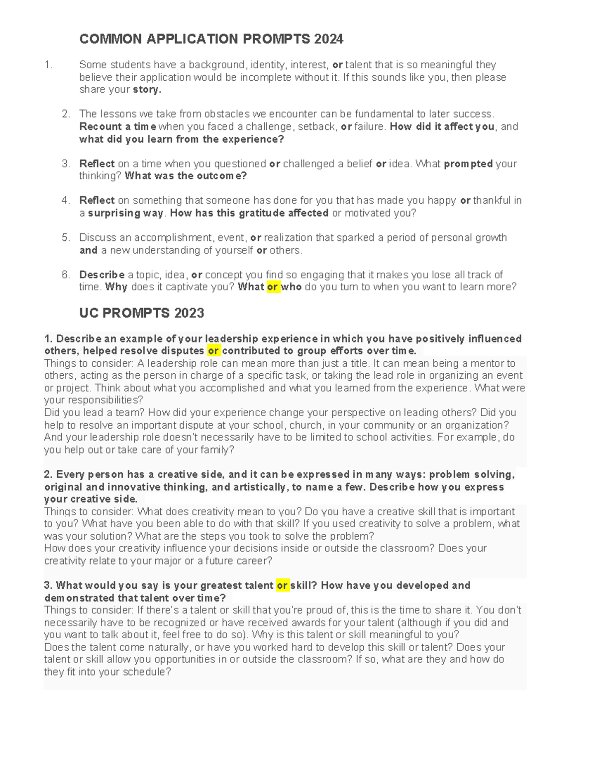 Common APP AND UC Prompts 2024 - COMMON APPLICATION PROMPTS 2024 Some ...