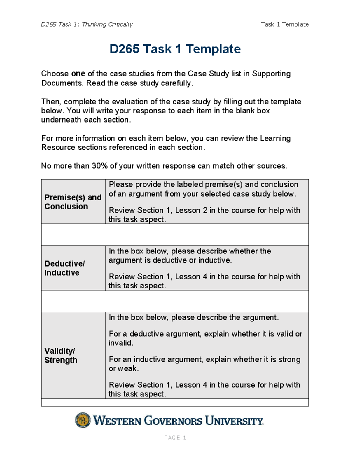 D265 Task 1: Critical Thinking Case Study Evaluation Template - Studocu