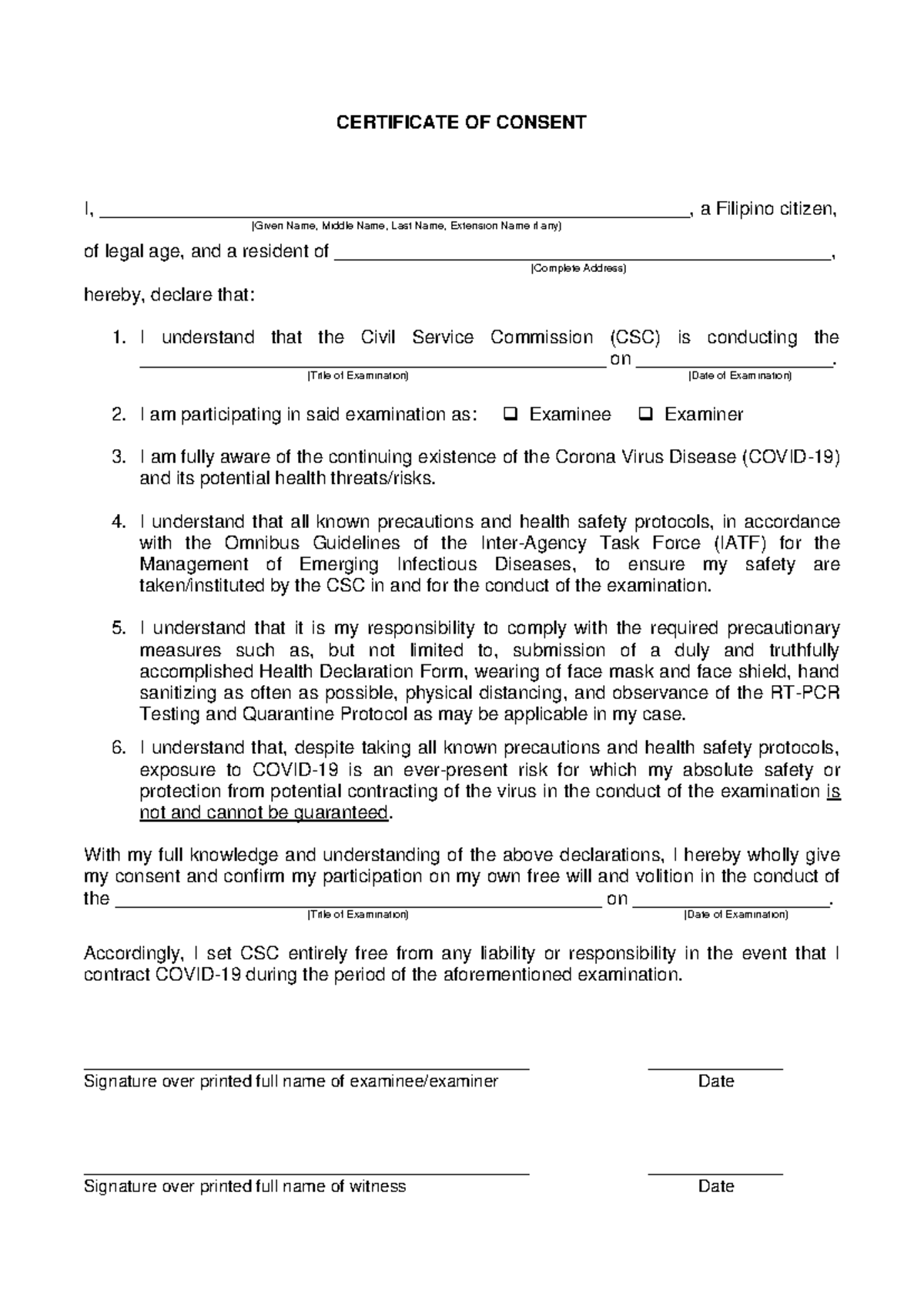 CS Certificate of Consent Form for Examination Participation - Studocu