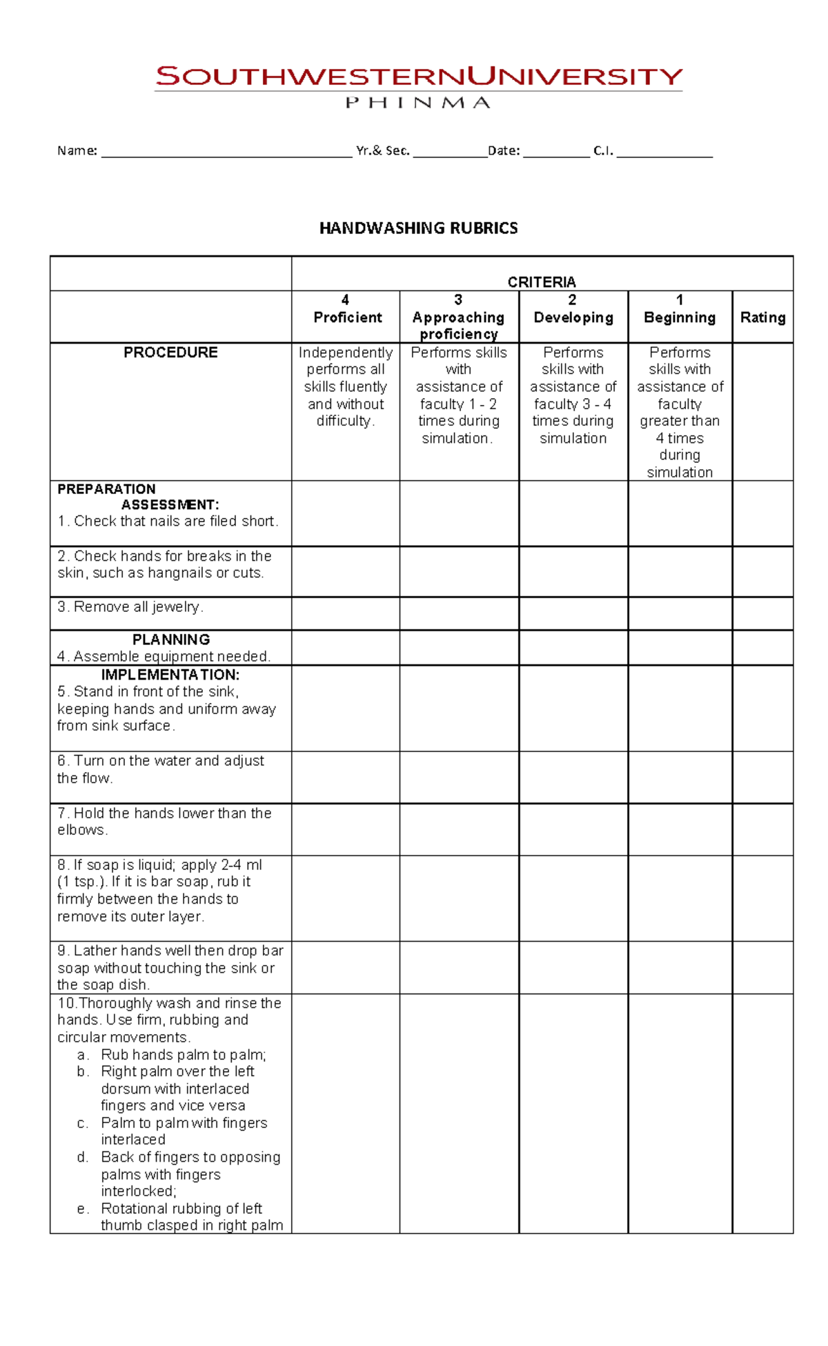 Handwashing, Vital Signs, & Medication Admin Rubrics (Nursing) - Studocu
