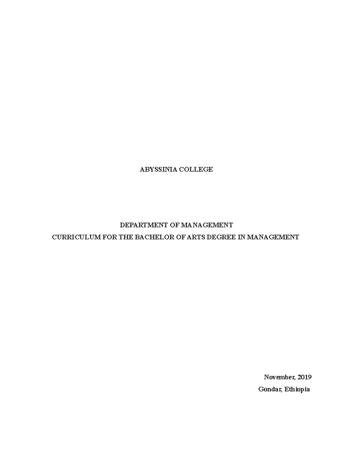 Abyssinia College Management Curriculum Overview (BA Management) - Studocu