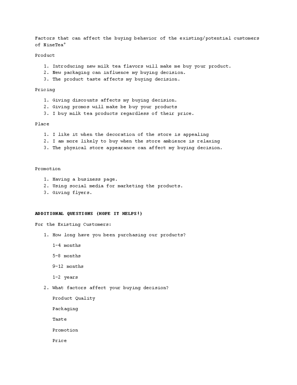 marketing mix sample survey questionnaire - Factors that can affect the ...